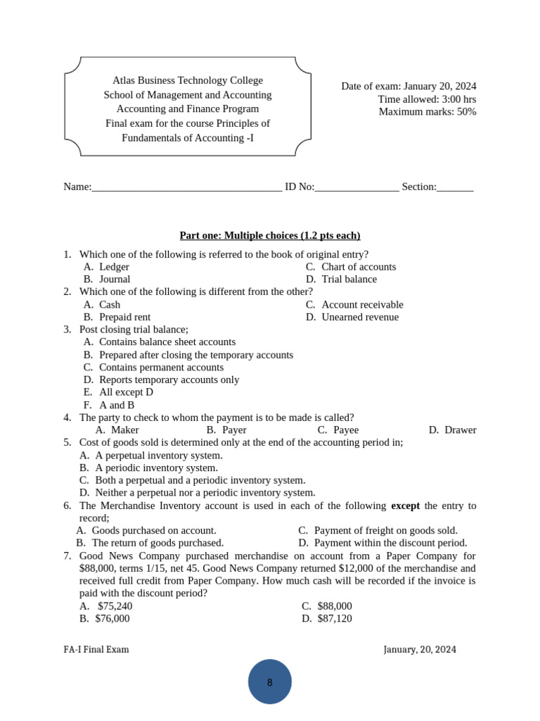Fundmentals - I Final Exam Mujib Second Semister | PDF | Debits And ...