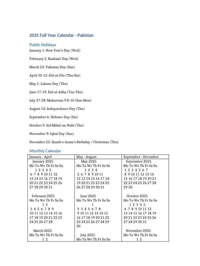 One Page Pakistan 2025 Calendar | PDF | Public Holiday | Religious Holidays