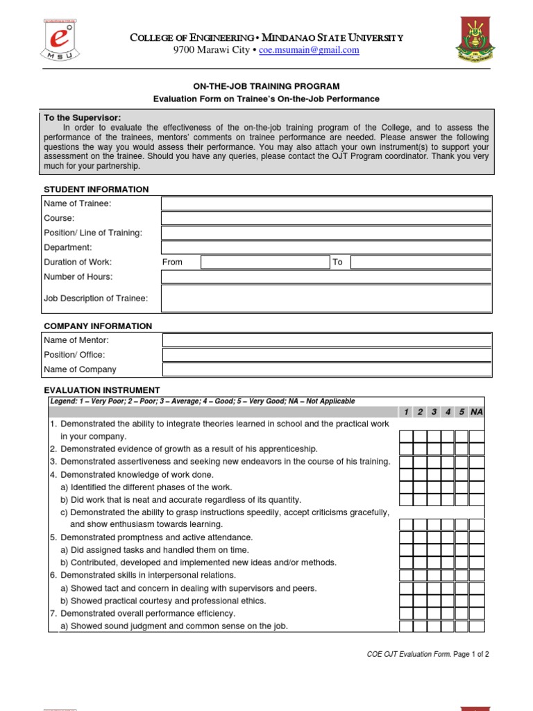 OJT Performance Evaluation Form | PDF | Mentorship | Evaluation