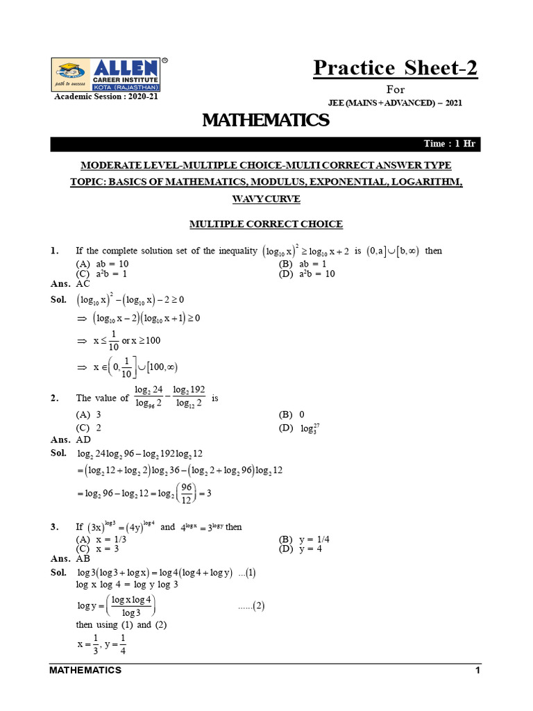 Logarithmic Solutions for JEE Practice | PDF | Elementary Mathematics ...