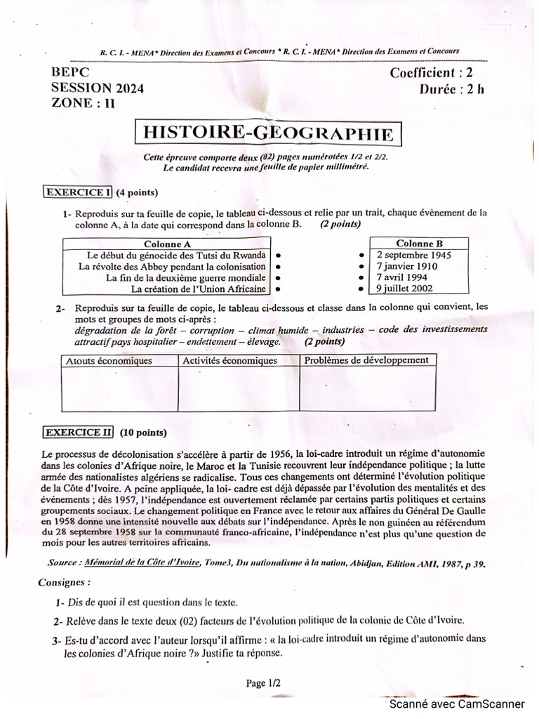 Bepc, Session 2024, Zone 2 | PDF