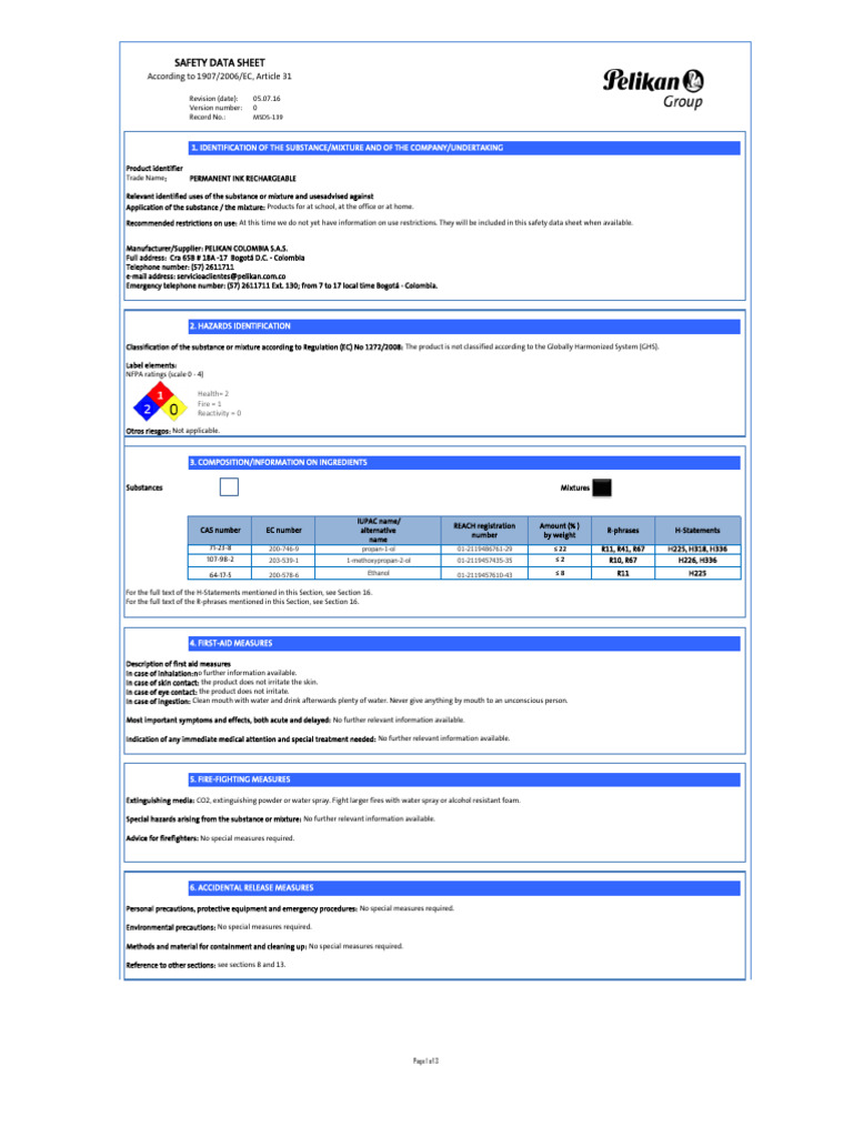 MSDS for Pelikan Permanent Ink | PDF | Dangerous Goods | Occupational ...