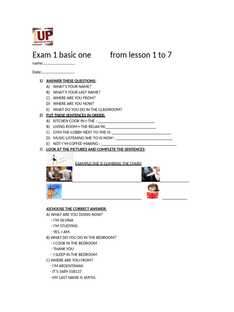 Exam 1 Basic One From Lesson 1 To 7 Name | PDF
