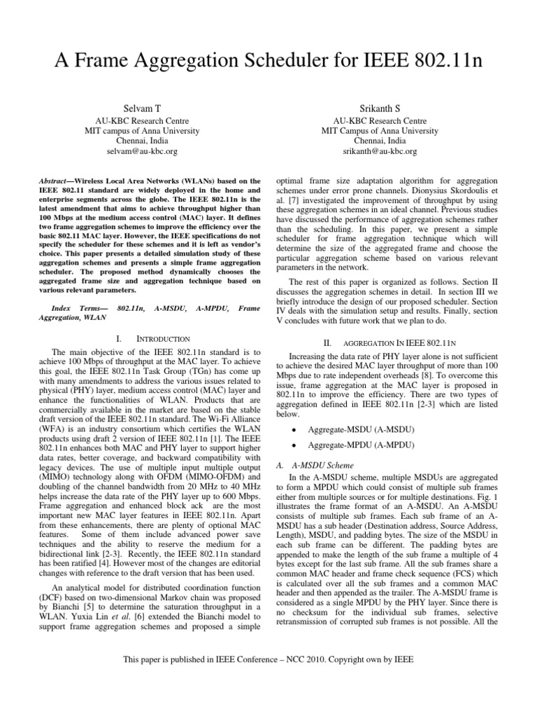 A Frame Aggregation Scheduler For IEEE 802 11n | PDF | Ieee 802.11 | Wireless Lan