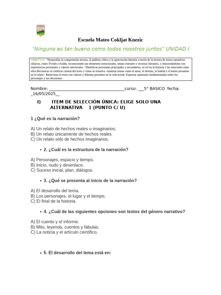 Prueba 6 Unidad 1 | PDF | Narración | Entorno natural