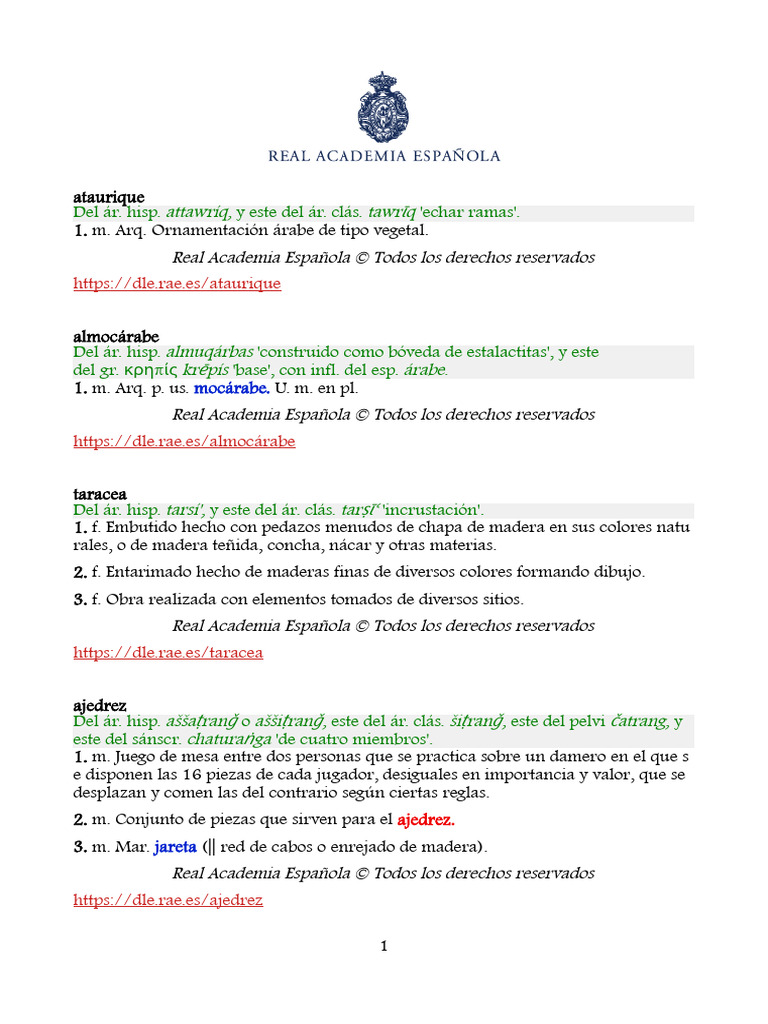 Ataurique, Almocárabe, Taracea, Ajedrez - Real Academia Española | PDF