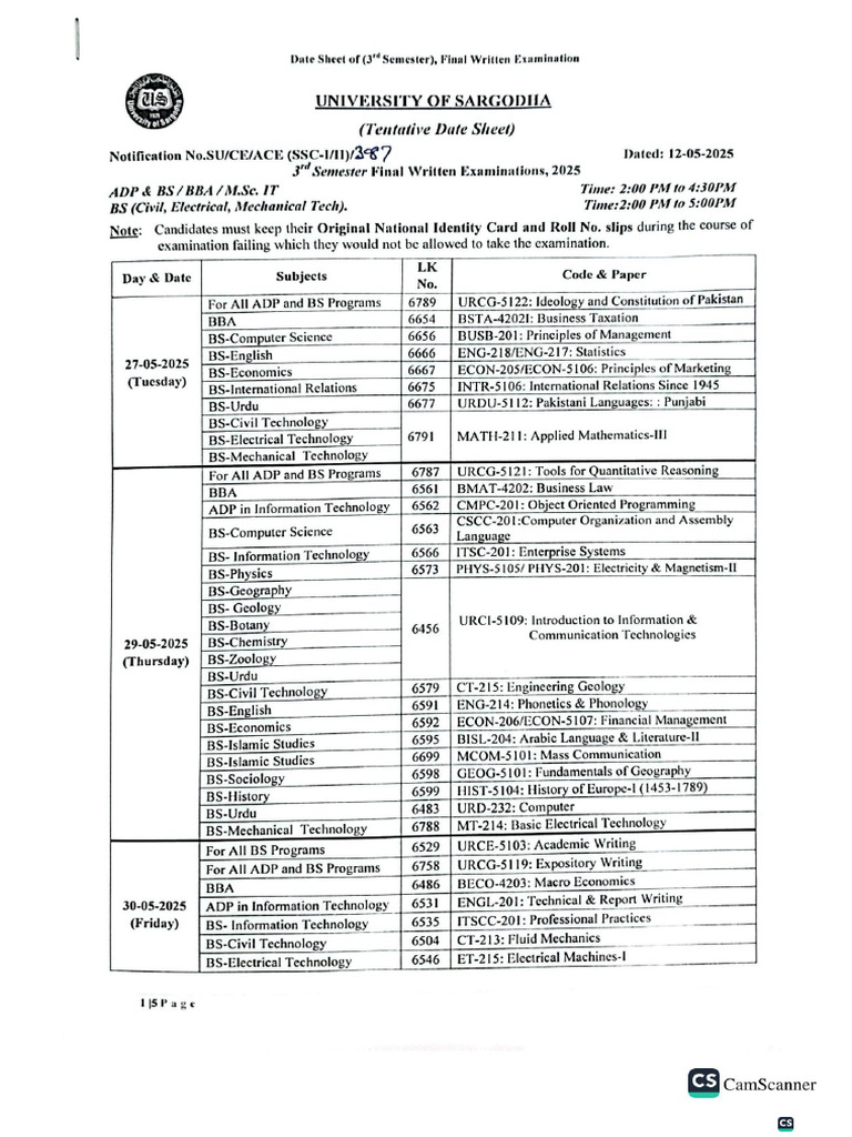3rd Semester Final Exam Datesheet | PDF