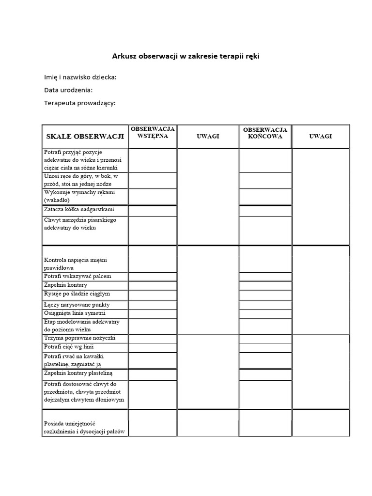 Diagnoz Terapii Ręki Arkusz Obserwacji | PDF