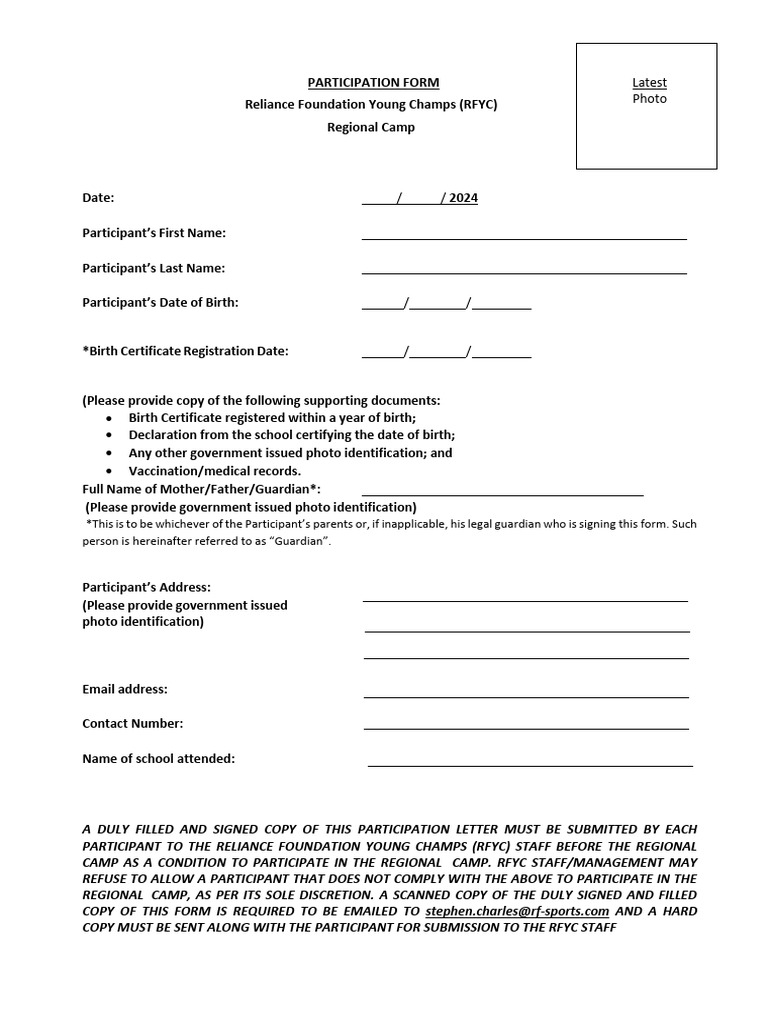 RFYC Regional Camp Participation Form | PDF | Indemnity | Common Law