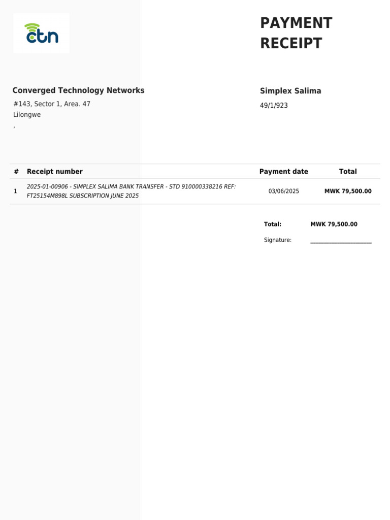 Receipt - 2025 01 00906 | PDF