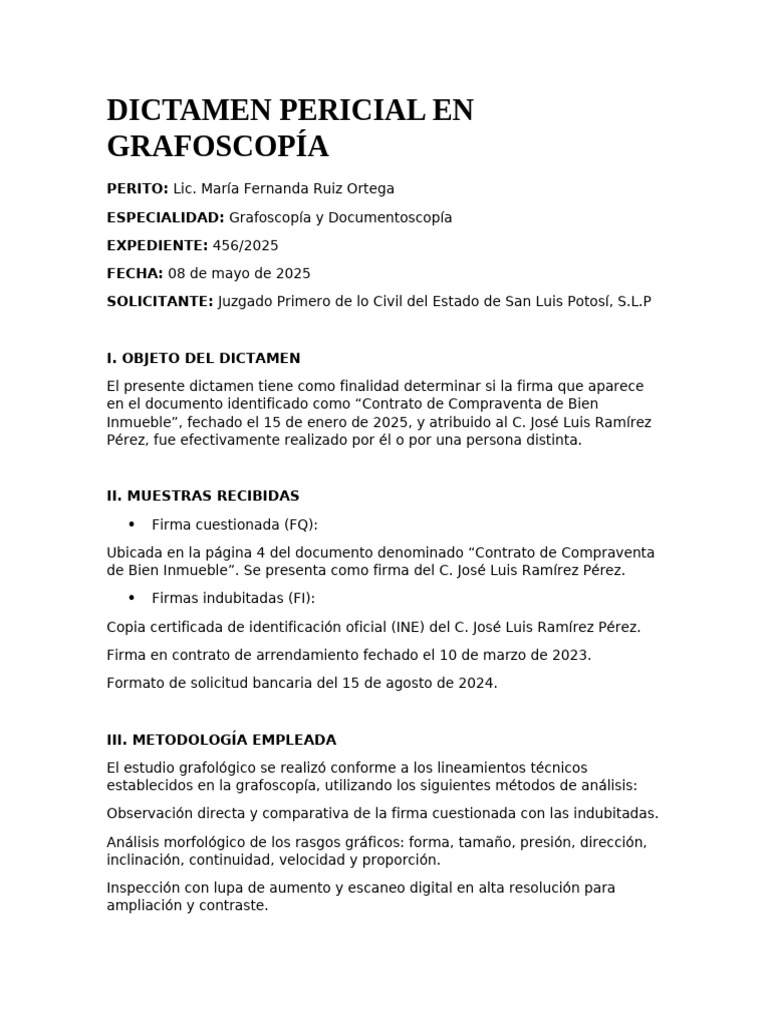 Dictamen Pericial en Grafoscopía | PDF