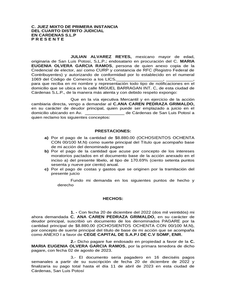 Demanda Inicial Ana Caren Pedraza Grimaldo | PDF