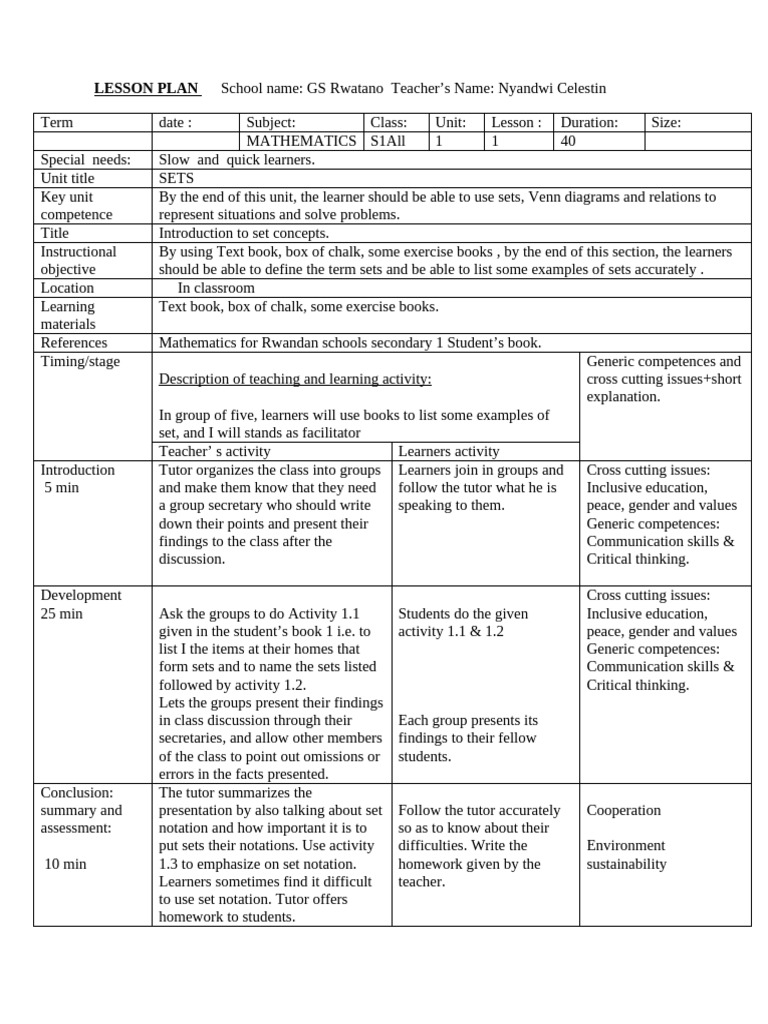Lesson Plan Math S1-3-1 | PDF | Learning | Lesson Plan
