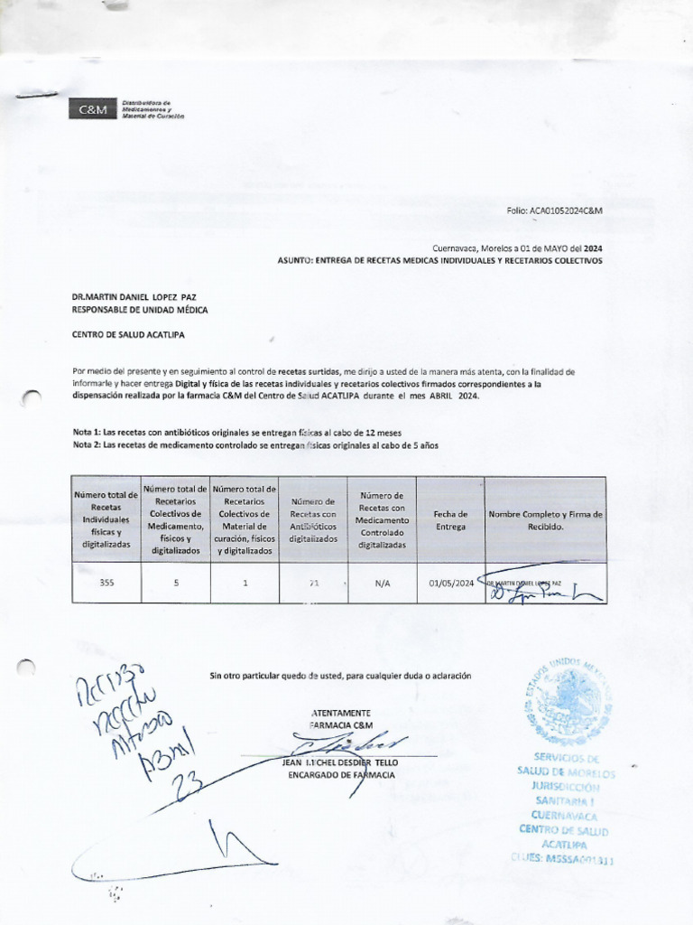 Acuse de Entrega de Recetas (Ene-Nov) 2024 CSS Acatlipa | PDF