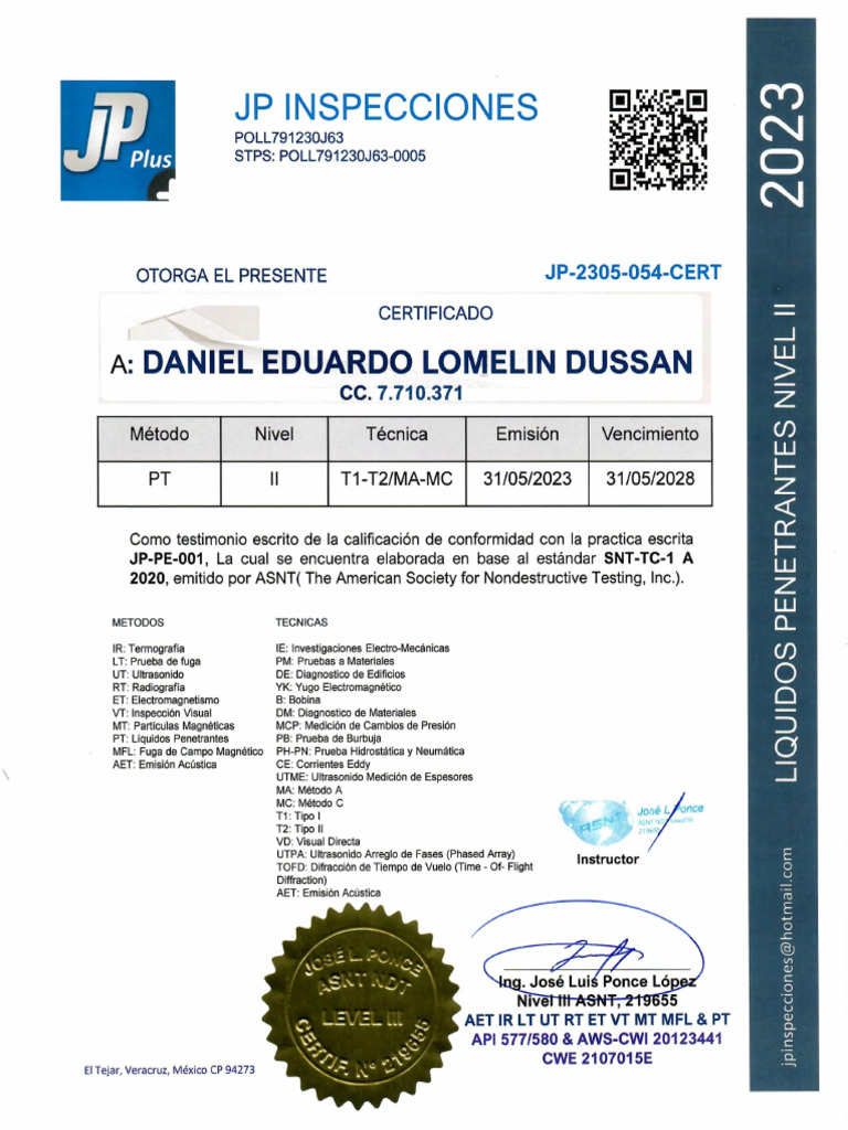 Certificado PT Daniel Eduardo Lomelin Dussan | PDF