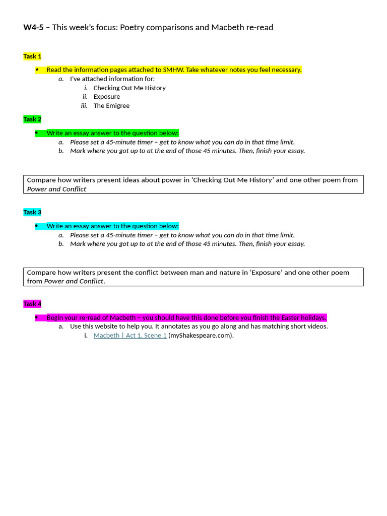 W4-5 - Poetry Comparisons and Macbeth Reading | PDF
