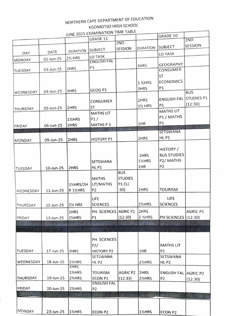 Grade 10 &11 Mid Year Exams Timetable 2025 | PDF | Educational Stages ...