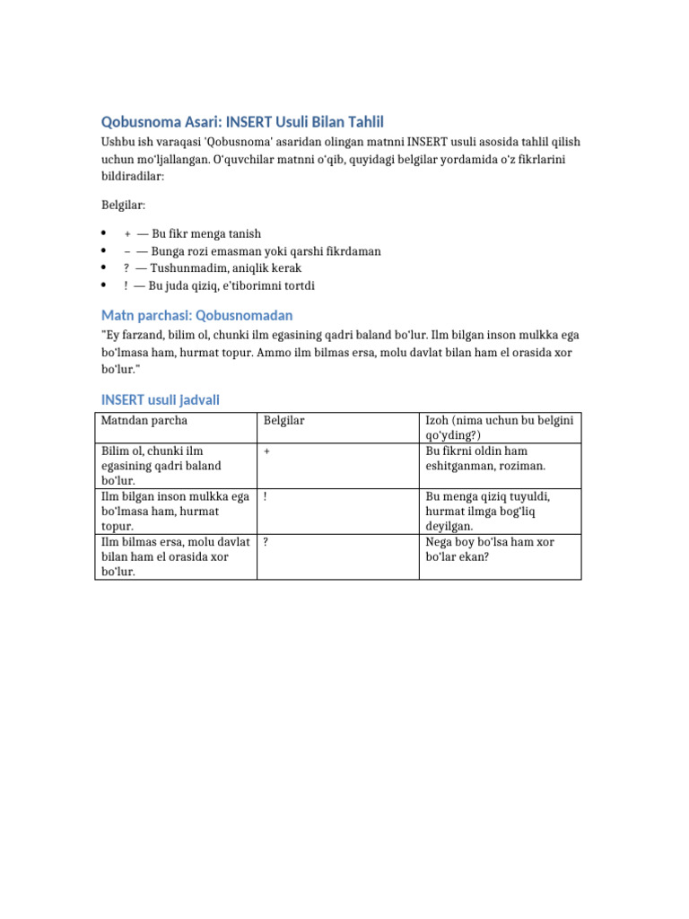 Qobusnoma INSERT Usuli | PDF