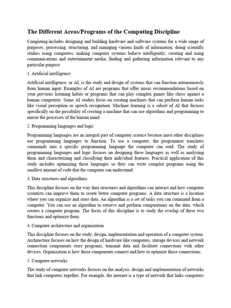 The Different Areas Programs of The Computing Discipline 8 | PDF | Artificial Intelligence ...