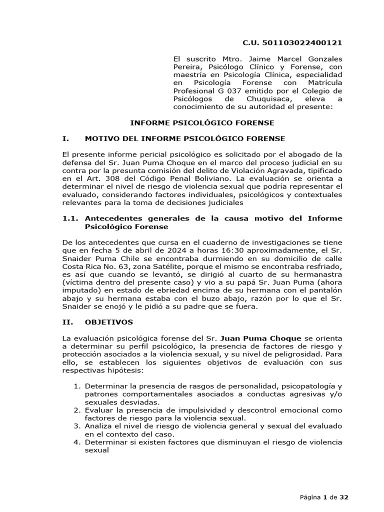 Informe Pericial Psicológico JPC | PDF | Las emociones | Sicología