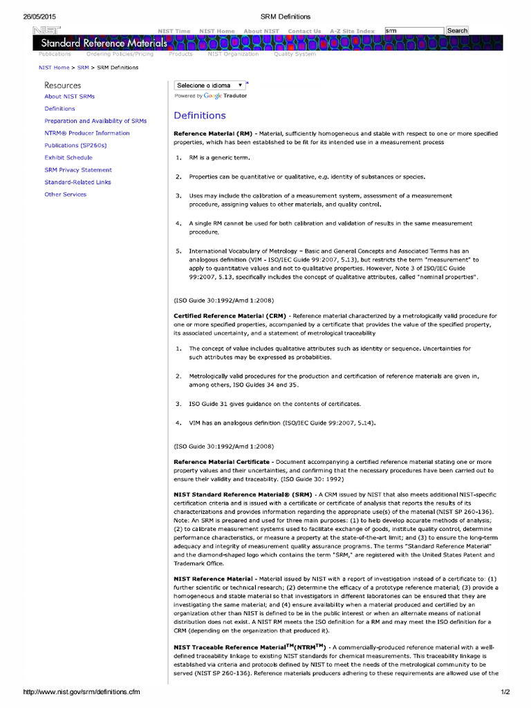 Nist Srm Crm Rm Definitions | PDF