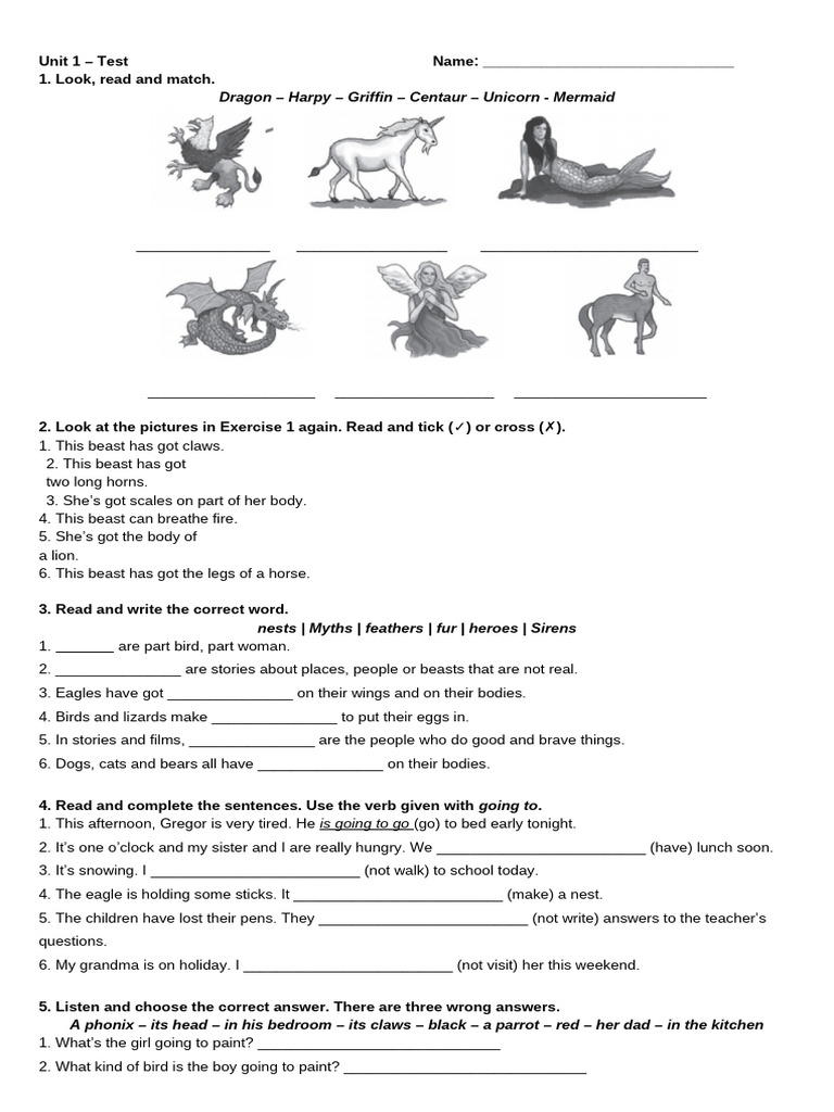 Mythical Creatures Test Worksheet | PDF