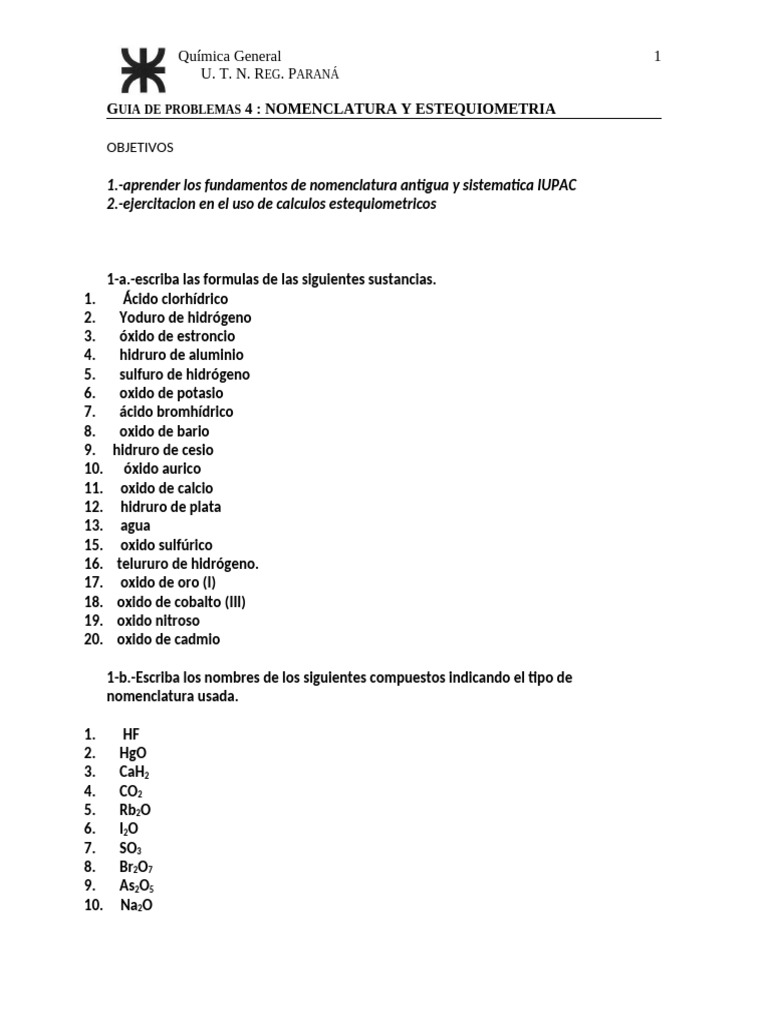 Guia 4-Formulas-Estequiometria | PDF | Ácido | Reacciones químicas