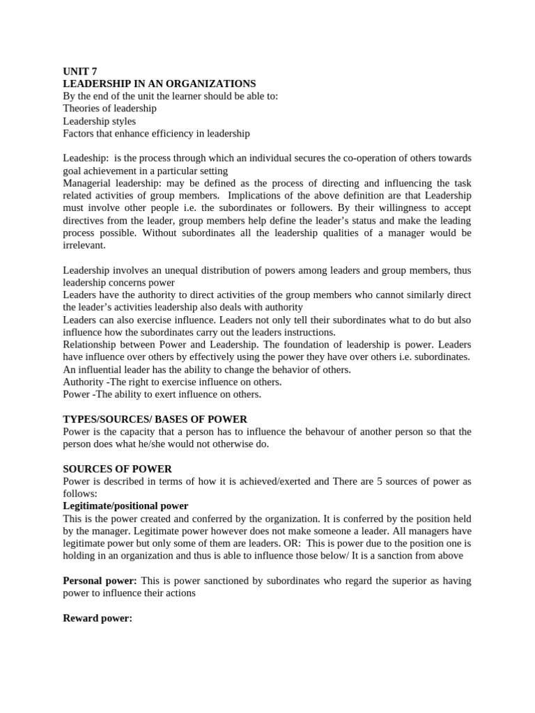 Unit 7. Leadeship and Leadershipstylesdocx | PDF | Power (Social And ...