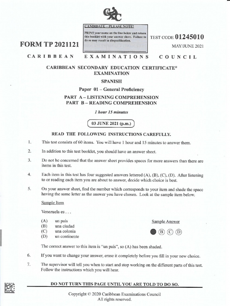 CSEC Spanish MayJune P1 2021 Answers | PDF