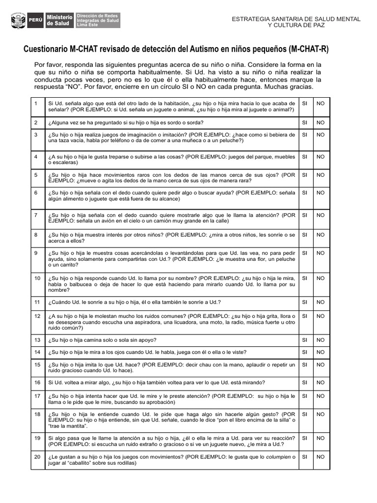Ficha M Chat-R Version Peruana (Neurodesarrollo) | PDF
