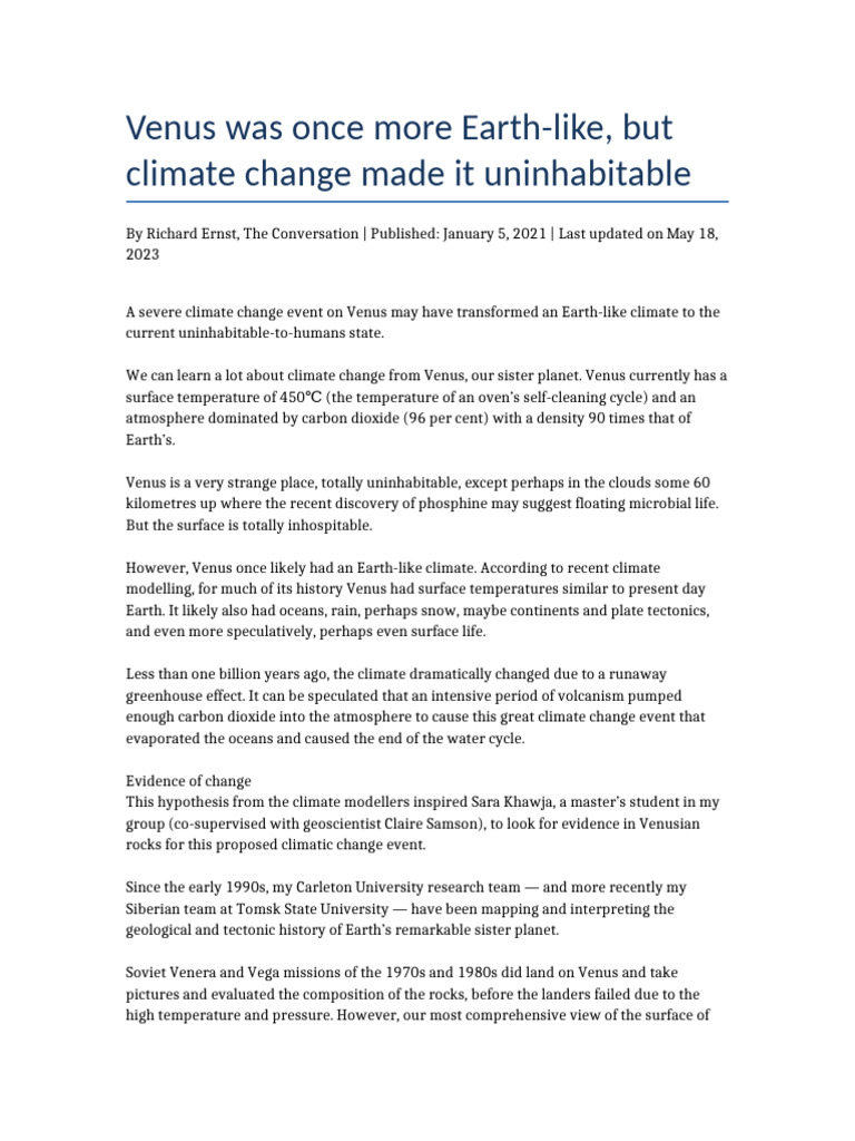 Venus Climate Change Article FULL | PDF | Venus | Volcano