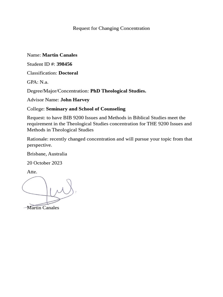 Changing Concentration Letter | PDF