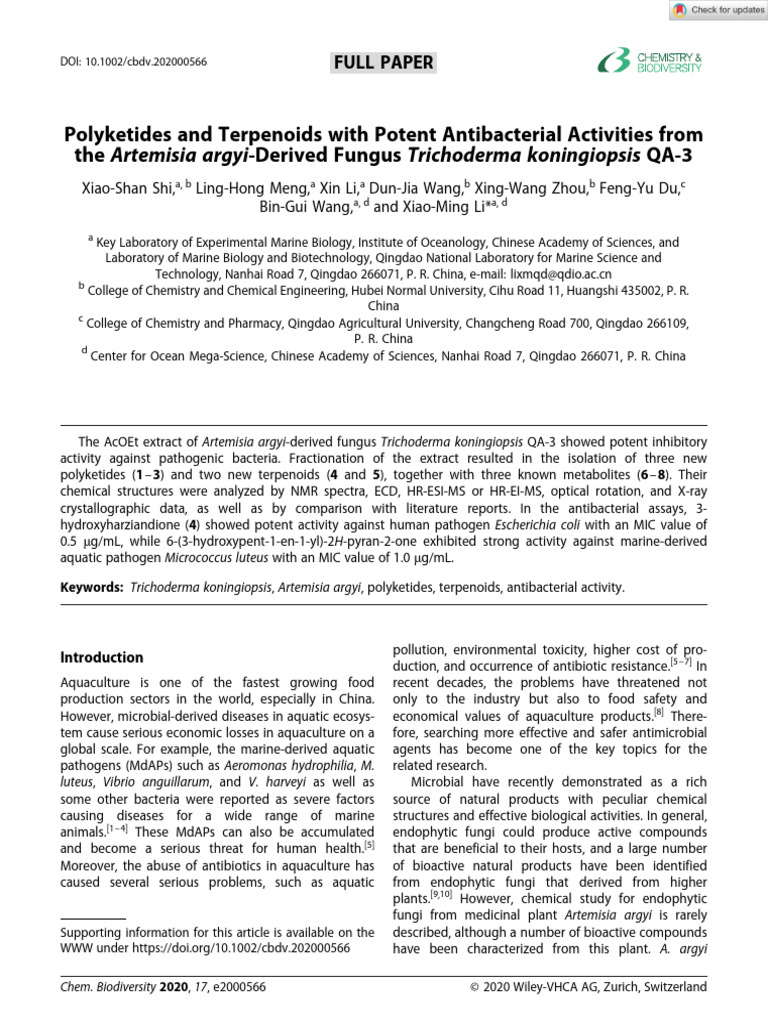 Chemistry Biodiversity - 2020 - Shi - Polyketides and Terpenoids With Potent Antibacterial ...