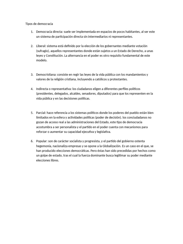 Tipos de democracia: clasificación y ejemplos | PDF