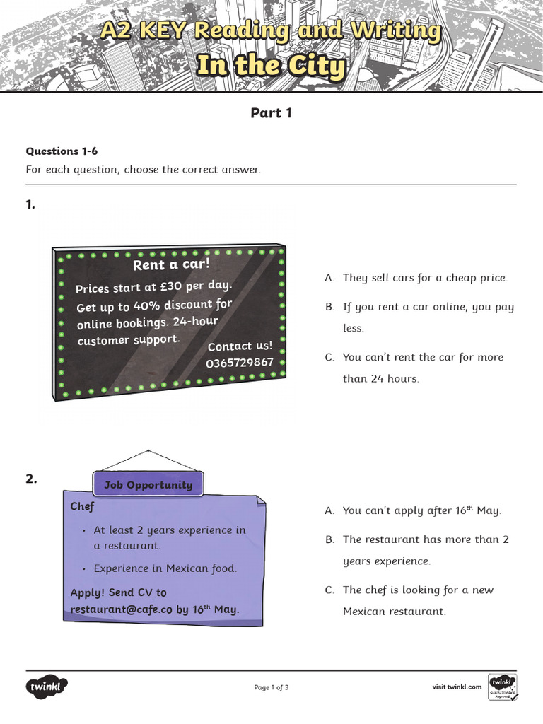 T 1718878045 Esl A2 Key Reading and Writing Part 1 in The City Teens A2 ...