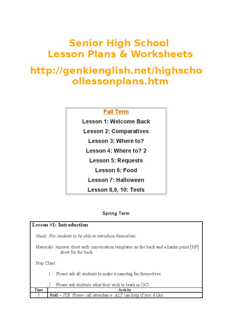 Senior High School Lesson Plans _ Worksheets | Question | Test (Assessment)