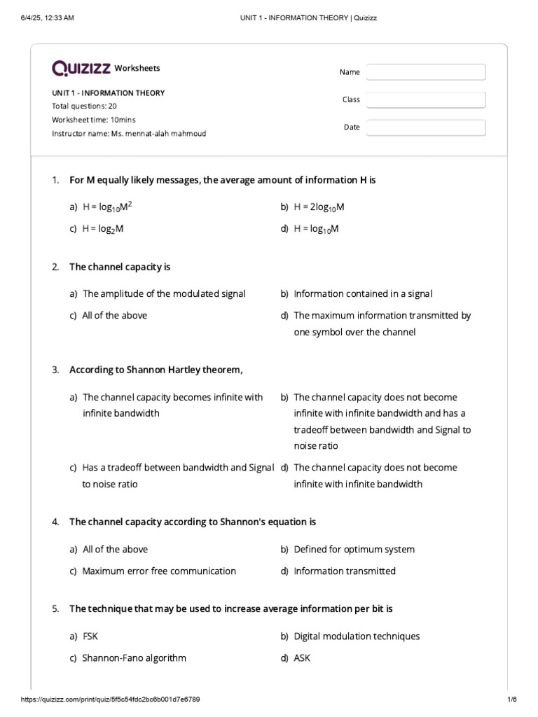 UNIT 1 - INFORMATION THEORY - Quizizz | PDF | Information And Communications Technology ...