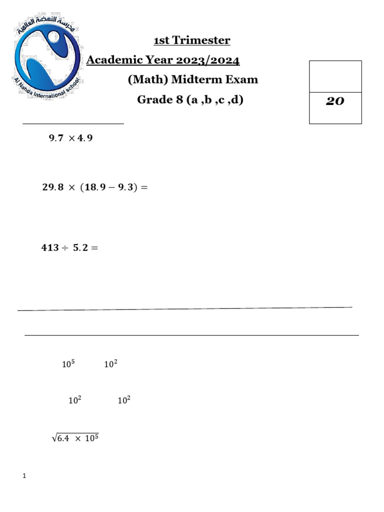 Gr.8 Midterm Math Exam - Print | PDF