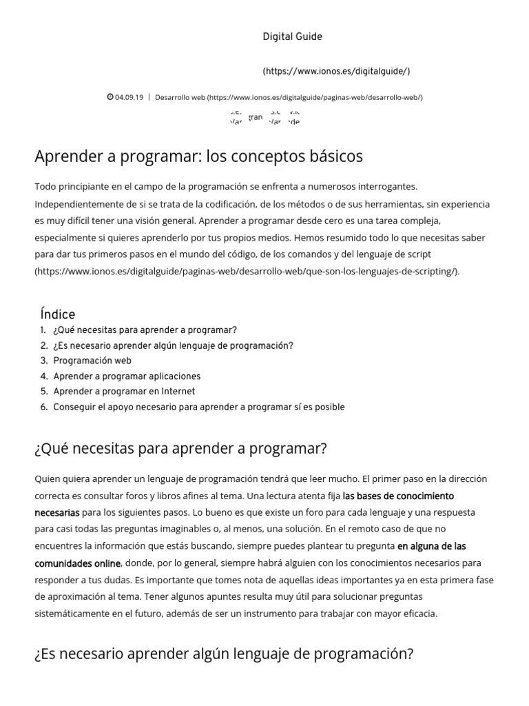 Aprender A Programar - Conceptos Básicos de Programación - IONOS | PDF | Entorno de desarrollo ...