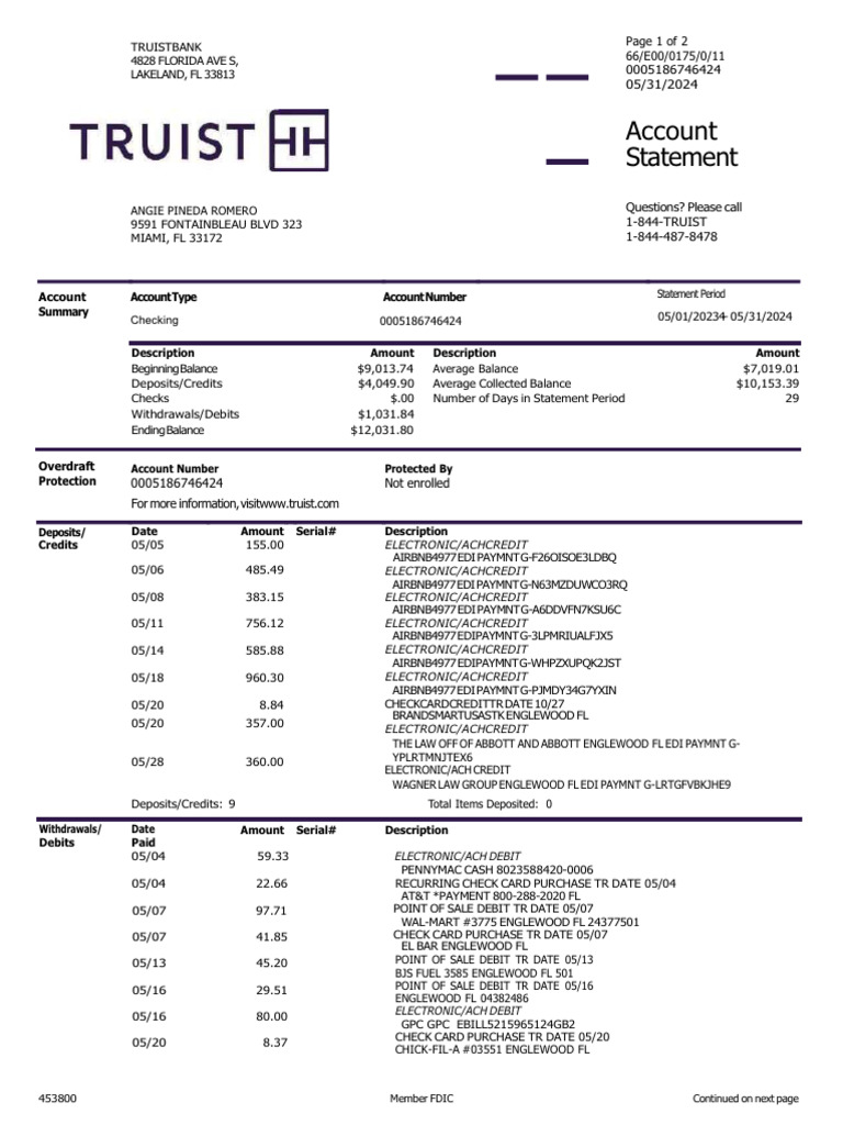 Truist Bank Account Statement Summary | PDF | Debit Card | Debits And ...