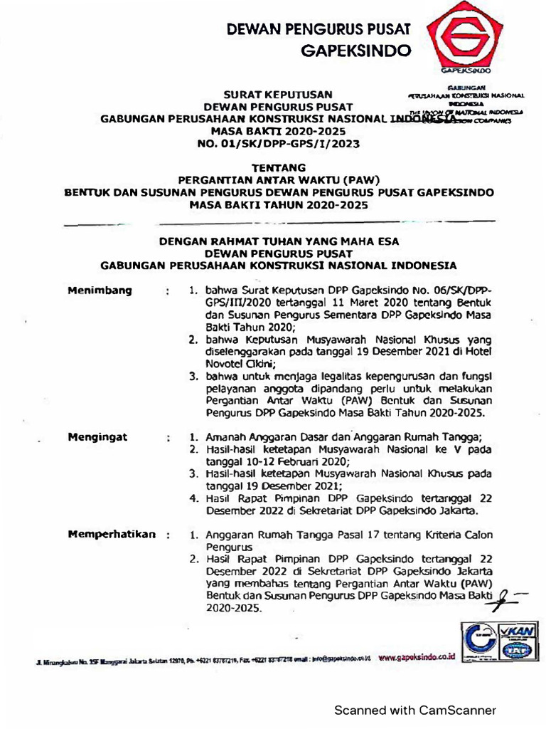 PAW Pengurus DPP Gapeksindo 2023 | PDF