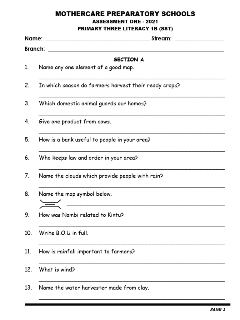 p.3 Literacy SST Revision Set I 2021 Mothercare Preparatory Schools | PDF