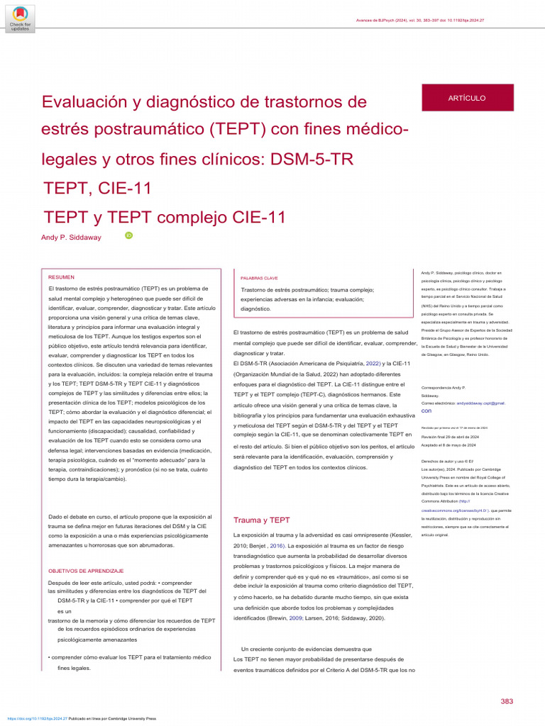 Evaluación y Diagnóstico de Trastornos de Estrés Postraumático (TEPT) Con Fines Médico Legales y ...