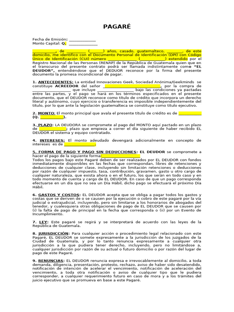 Pagaré Legal en Guatemala: Condiciones y Términos | PDF | Jurisdicción ...
