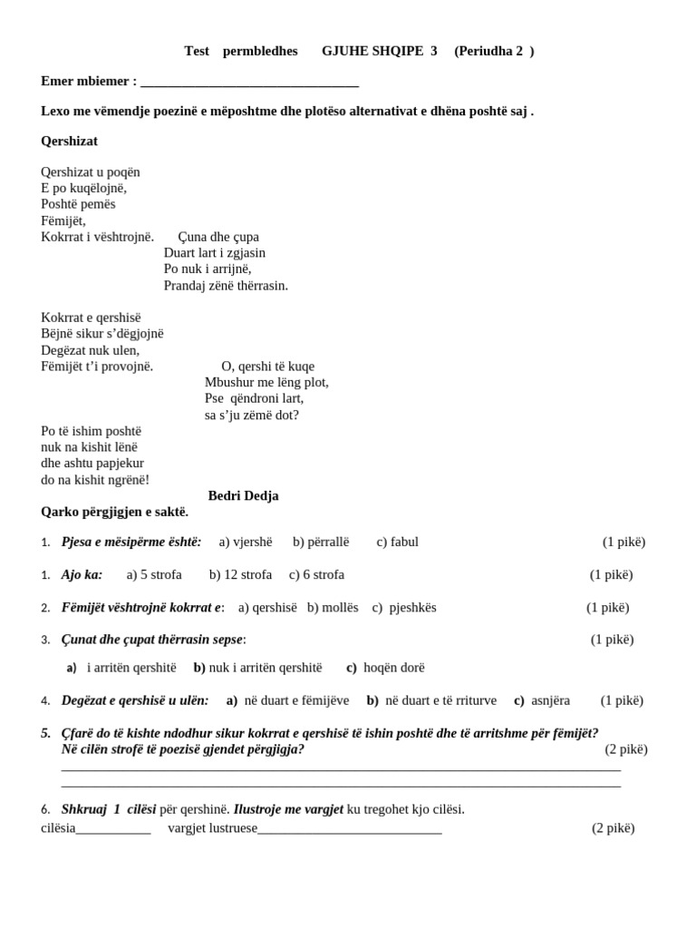 Test Gjuhe Shqipe 3 Tremujori 2 Mars Pdf