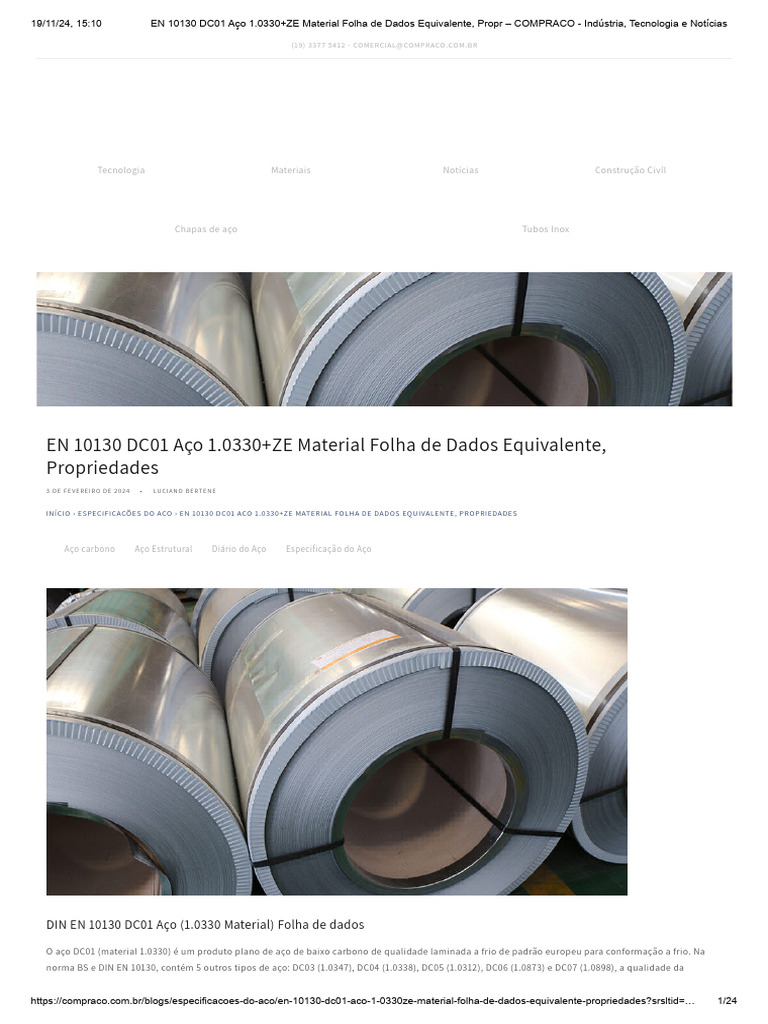 EN 10130 DC01 Aço 1.0330+ZE - Folha de Dados | PDF | Aço | Química