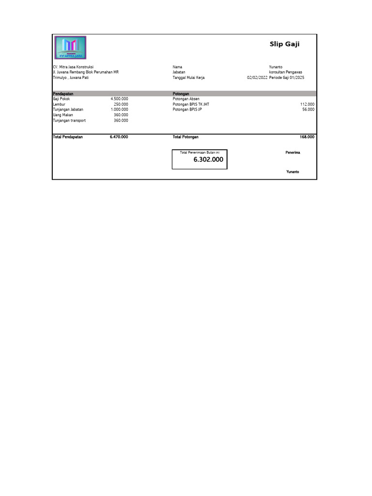 Slip Gaji Karyawan CV. Mitra Jasa Konstruksi | PDF