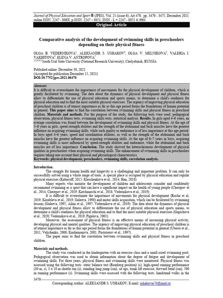 Comparative Analysis of The Development of Swimming Skills in Preschoolers | PDF | Swimming ...