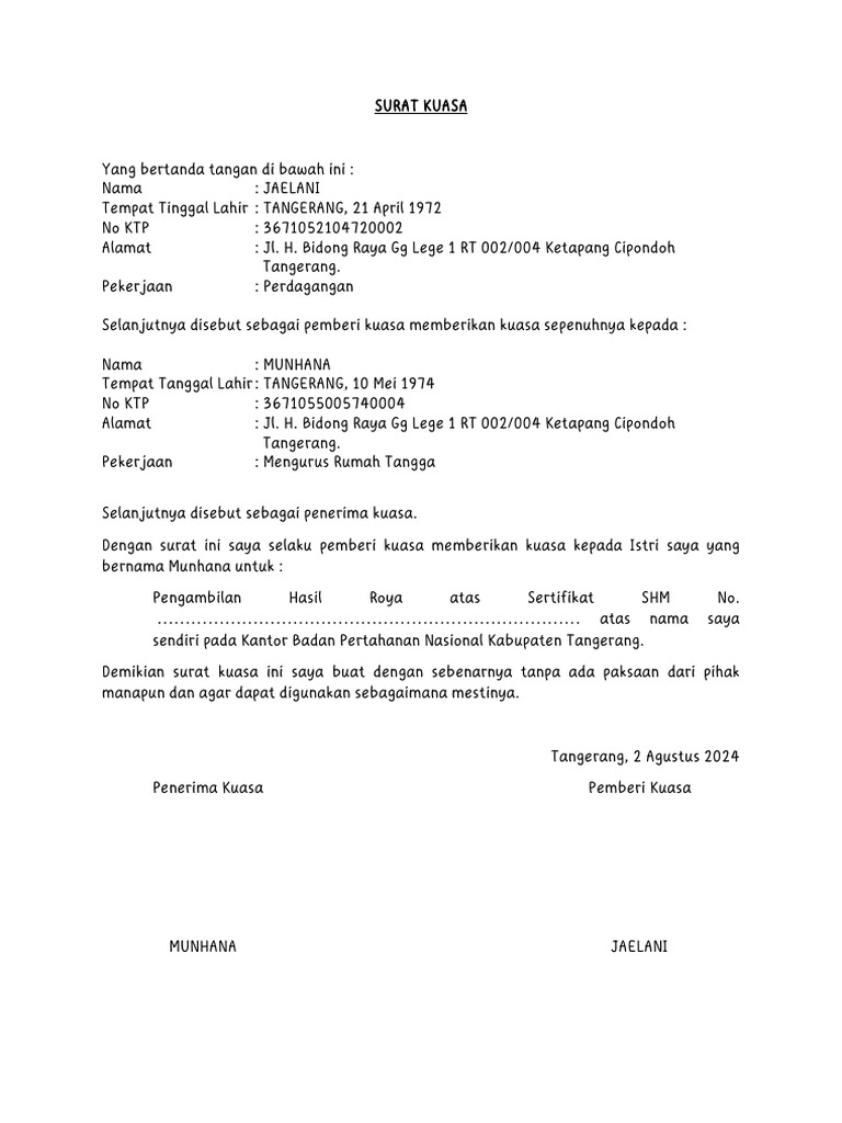 Surat Kuasa Pengambilan Roya | PDF