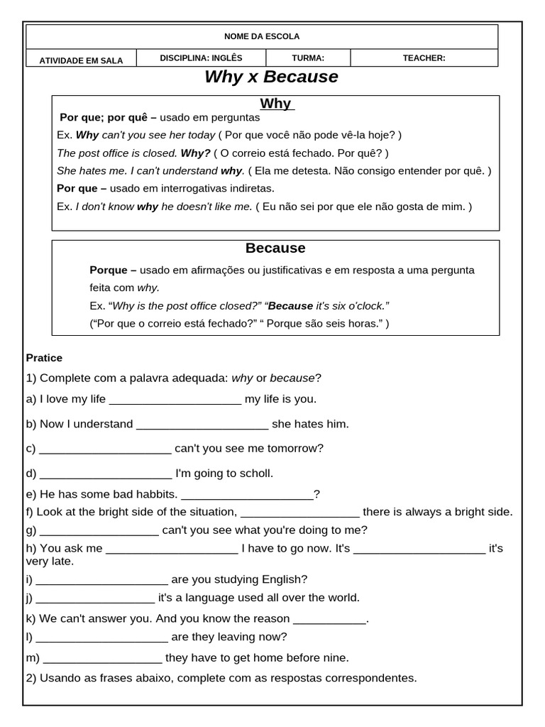 Why vs Because: English Practice Activities | PDF